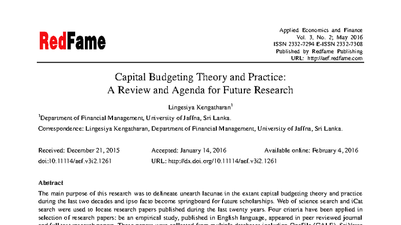 Capital Budgeting Theory and Practice: A Comprehensive Review (AEF 2016 ...