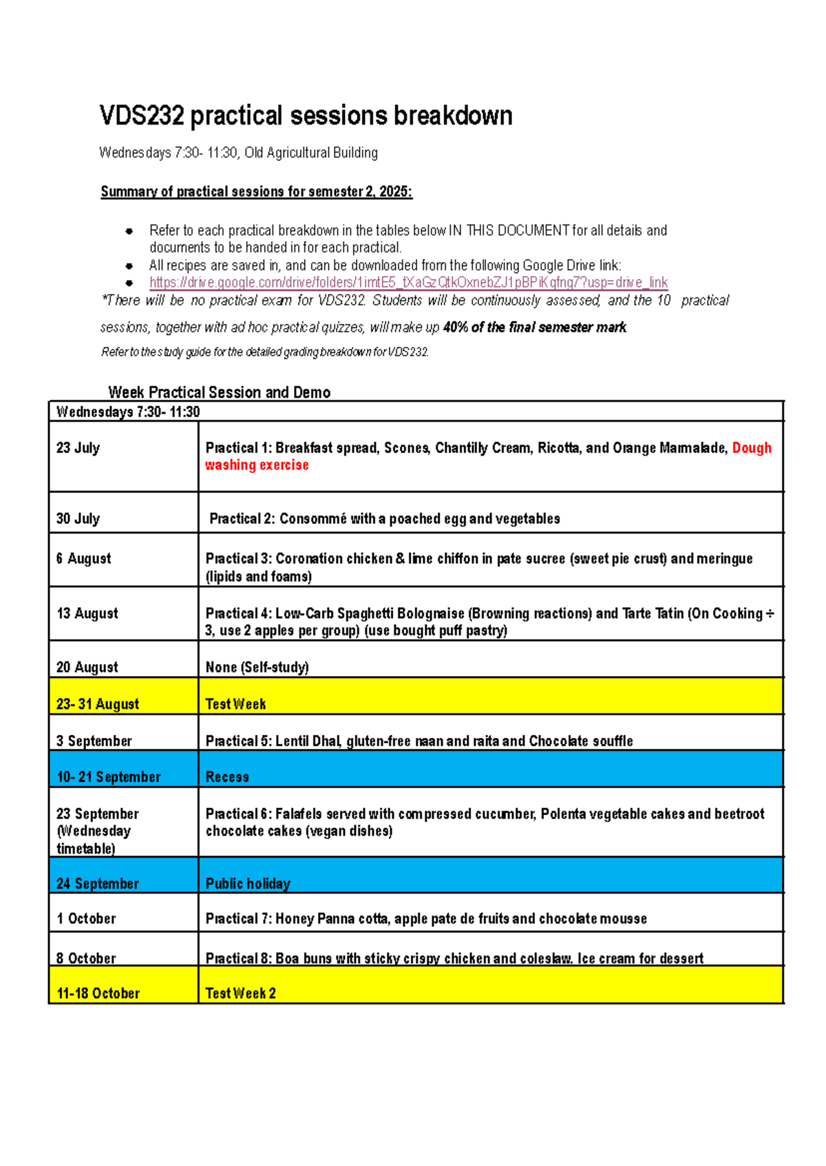 VDS232 Practical Sessions Breakdown for Semester 2, 2025 - Studocu