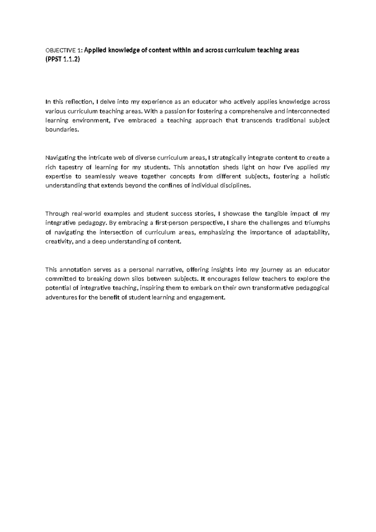 Objective 1: Integrative Teaching Across Curriculum Areas (PPST 1.1.2 ...