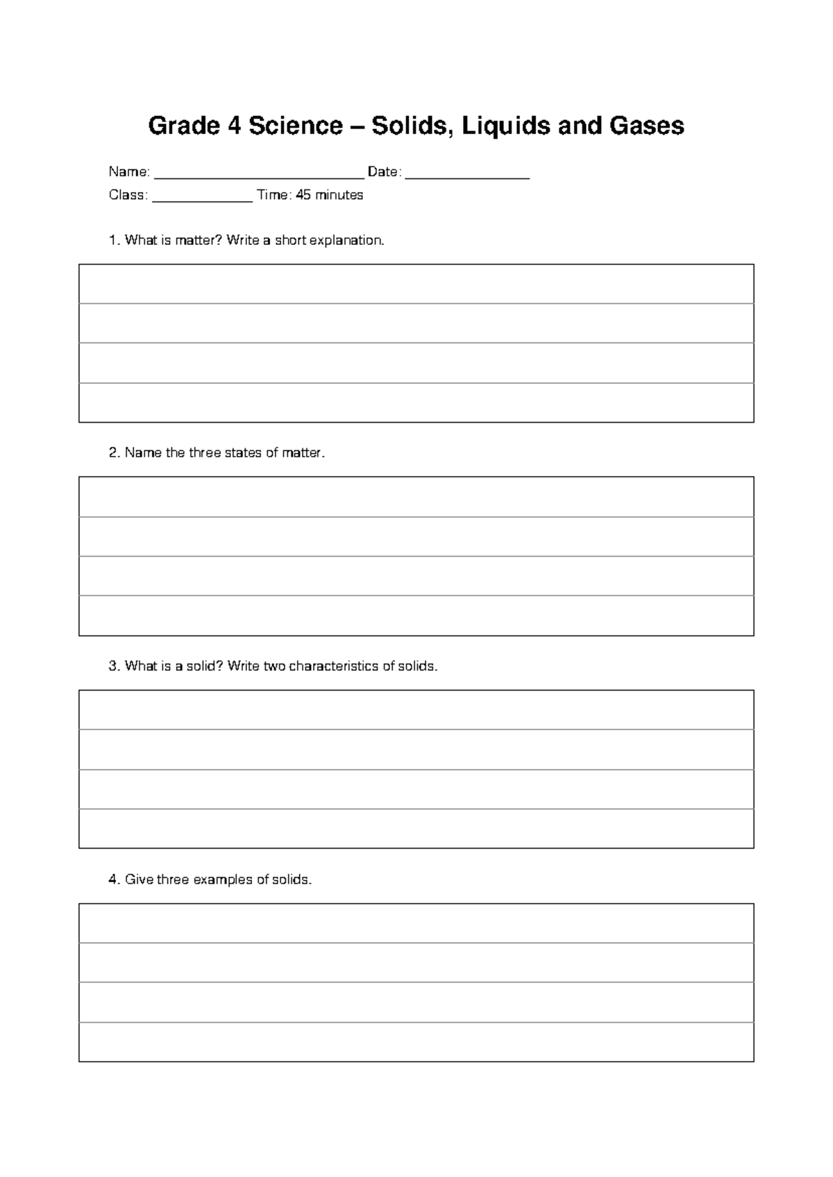 Grade 4 Science Exam: Solids, Liquids, and Gases - Studocu