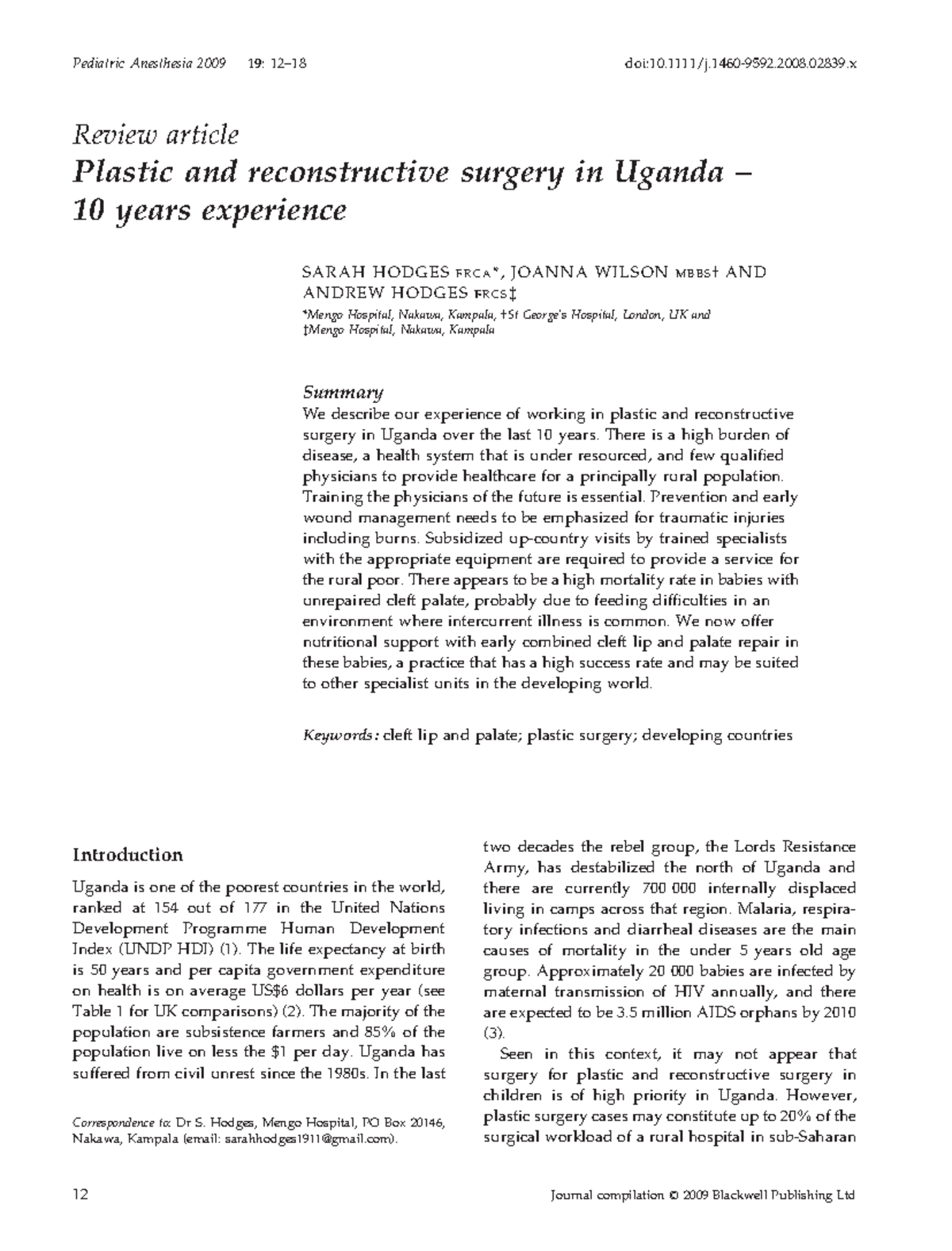 Pediatric Anesthesia 2009 - Hodges - 10 Years of Plastic Surgery in ...