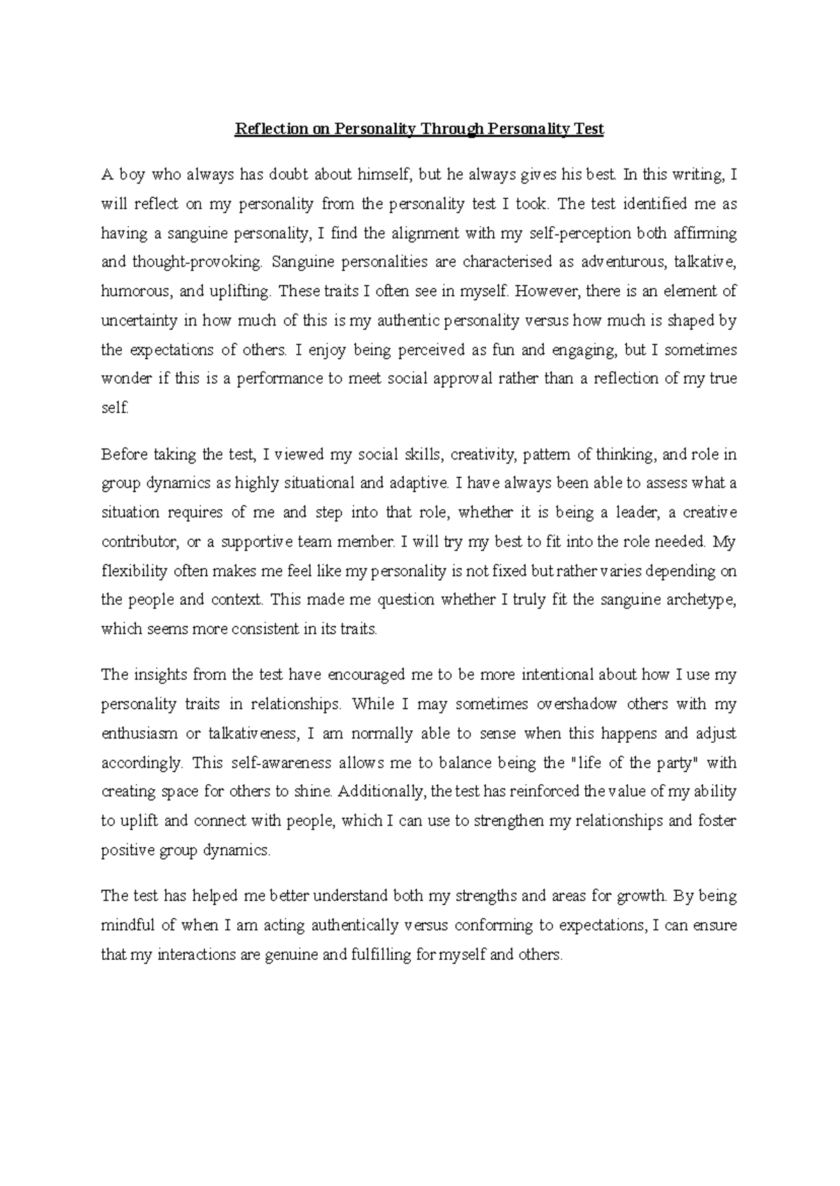 Reflection on Personality Through Personality Test - In this writing, I ...