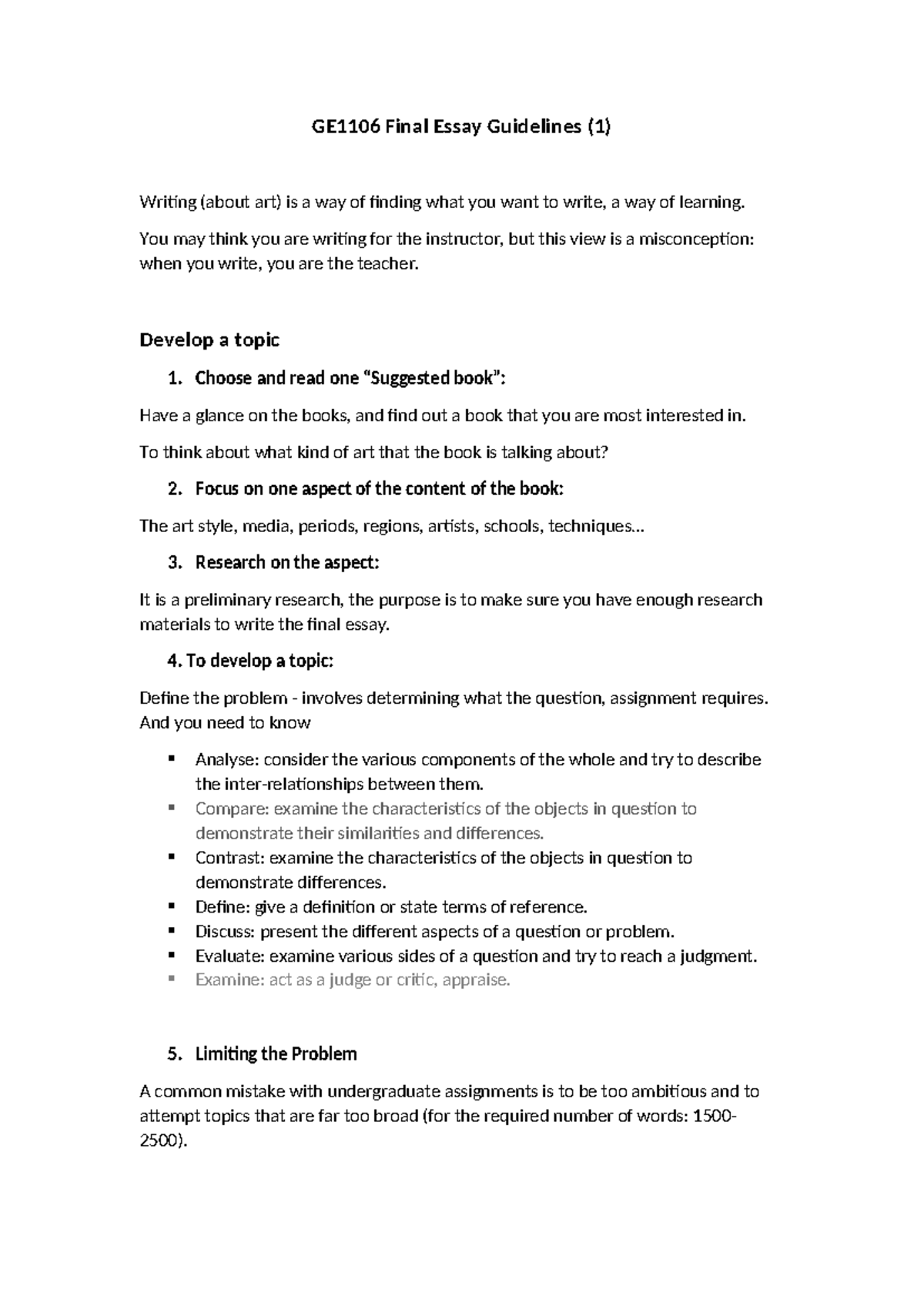 GE1106 Final Essay Guidelines: Art Topic Development Tips - Studocu