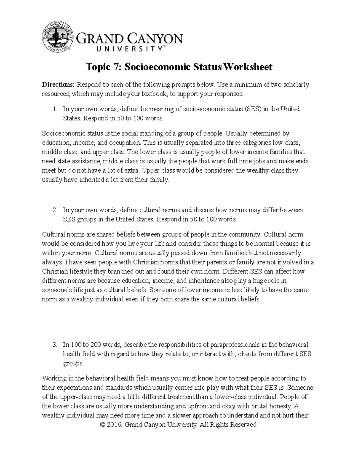 BHS-330 - Socioeconomic Status & Cultural Norms Worksheet - Studocu