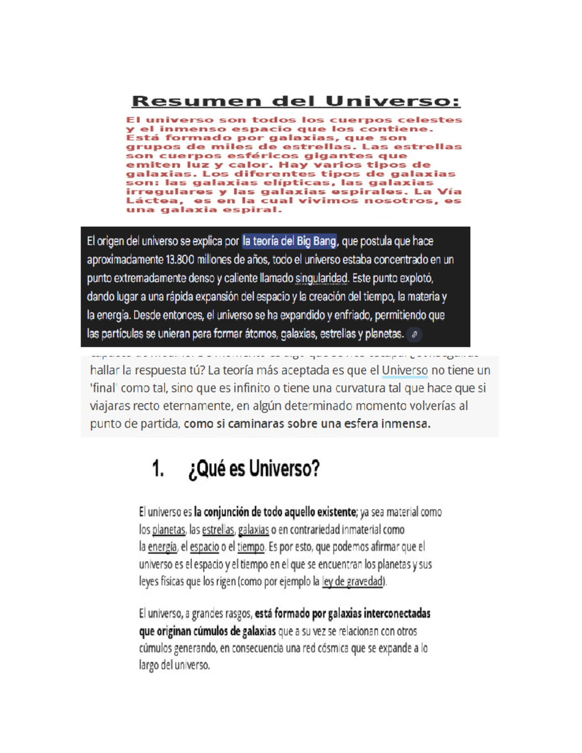Resumen del Universo: Galaxias, Big Bang y su Expansión - Studocu
