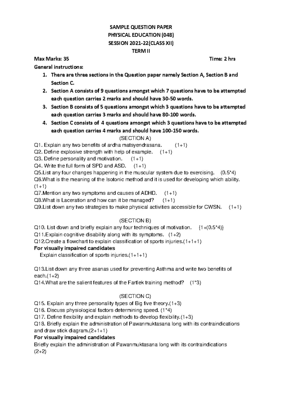 CBSE Class XII Physical Education Sample Question Paper (048) Term II ...