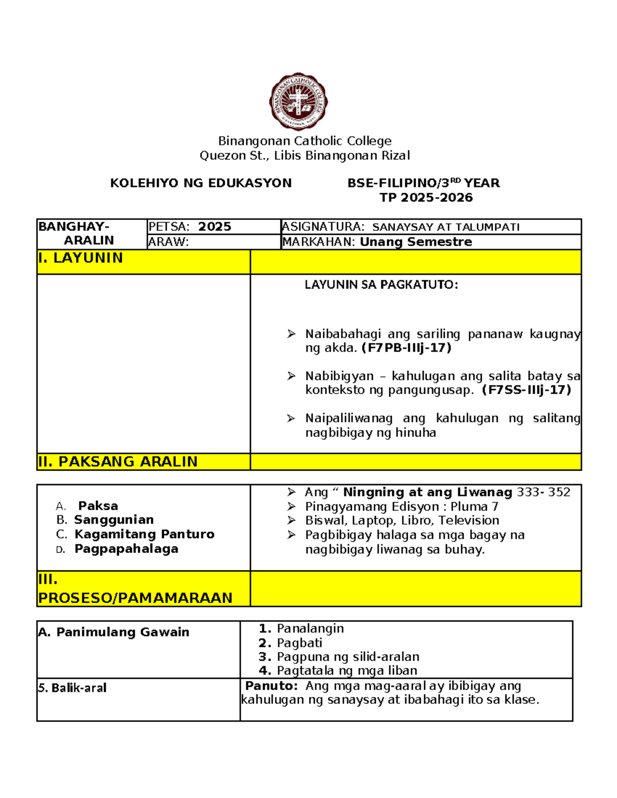 KOLEHIYO NG EDUKASYON: Lesson Plan sa Sanaysay at Talumpati - Studocu