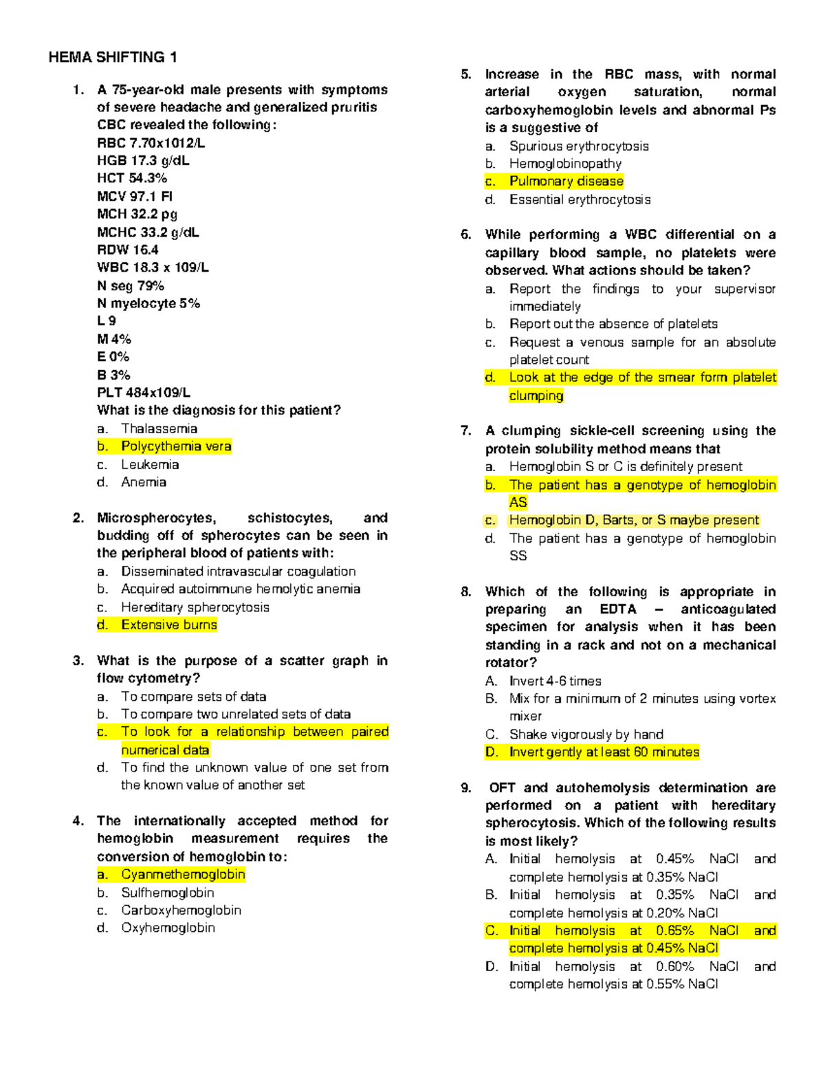 HEMA- Shifting-1 - Practice Questions for Hematology Concepts - Studocu