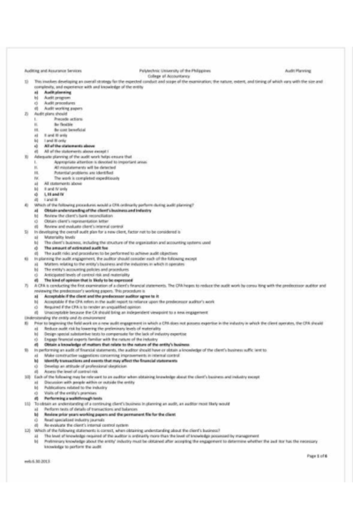 Audit Planning Notes for Auditing and Assurance Services (ACCT 101 ...
