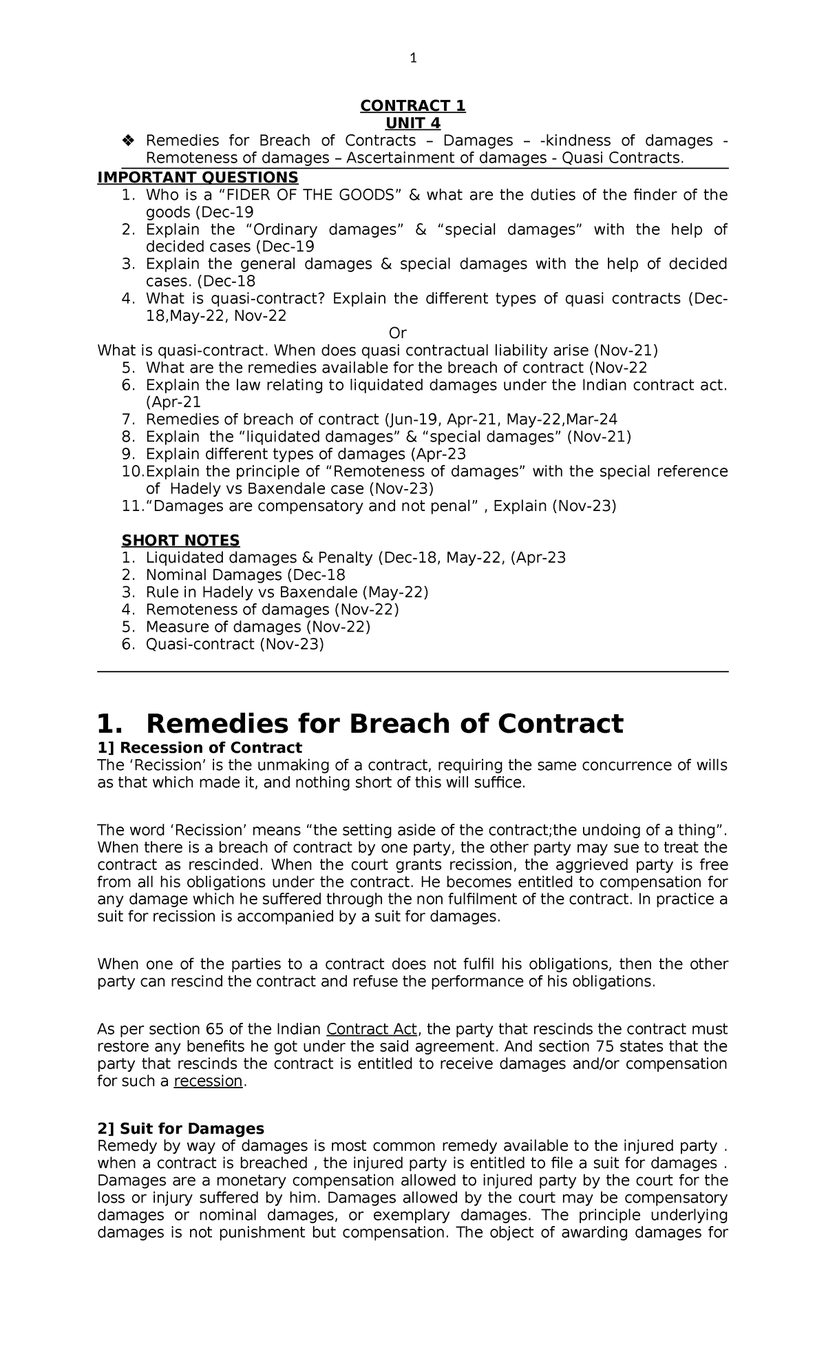 Unit 4 - Contract Law: Remedies, Damages & Quasi Contracts - Studocu