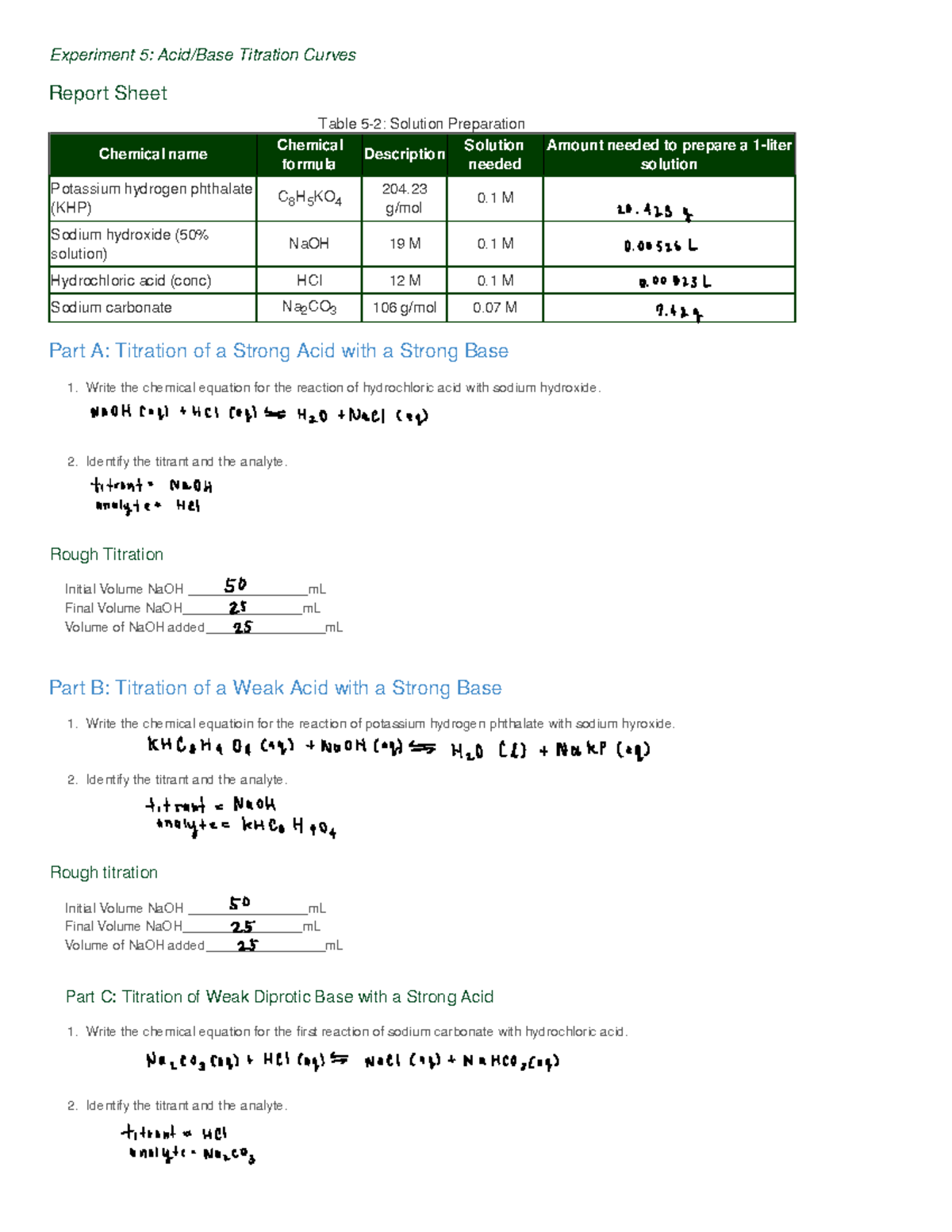 Experiment 5: Acid/Base Titration Curves - Lab Report Sheet - Studocu