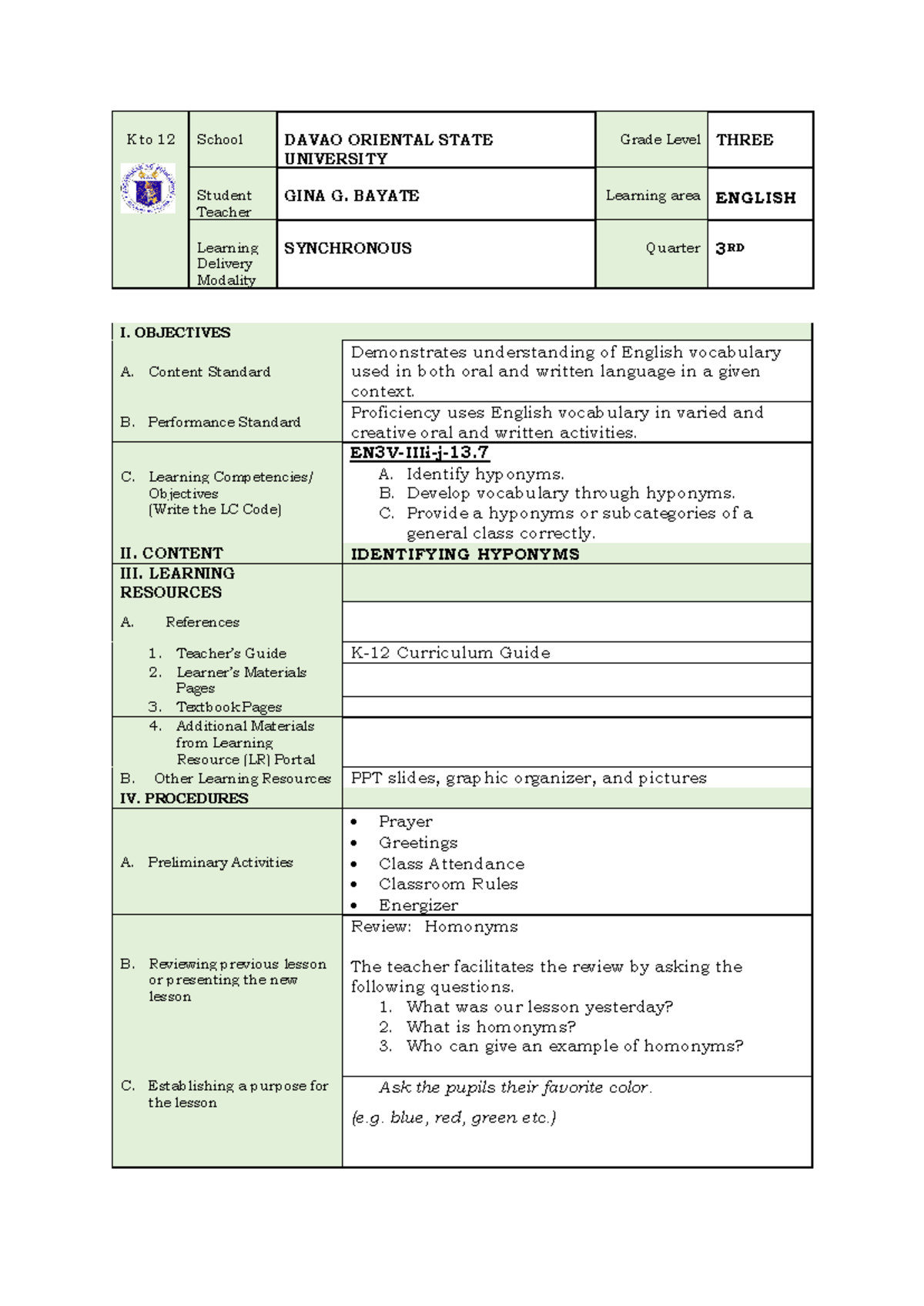 English 3 SYNC - lesson plan - K to 12 School DAVAO ORIENTAL STATE ...