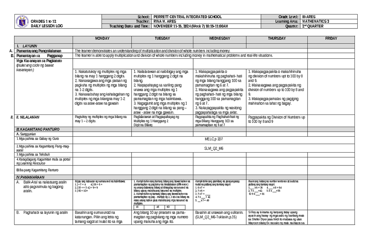6. DLL MATH 3 Q2 W7 - Lesson Plan - GRADES 1 to 12 DAILY LESSON LOG ...