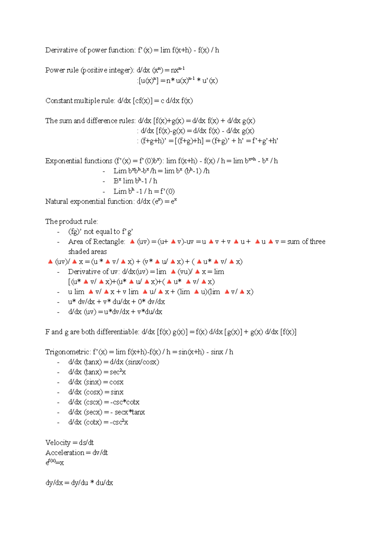 1013 formula sheet - Derivative of power function: f’(x) = lim f(x+h ...