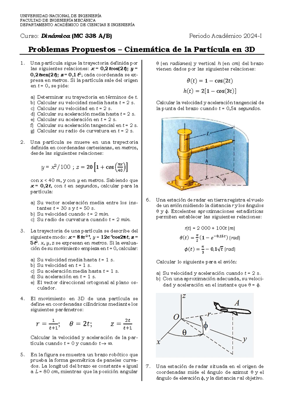 MC 338 A/B - Problemas de Cinemática de Partículas en 3D - 2024-I - Studocu