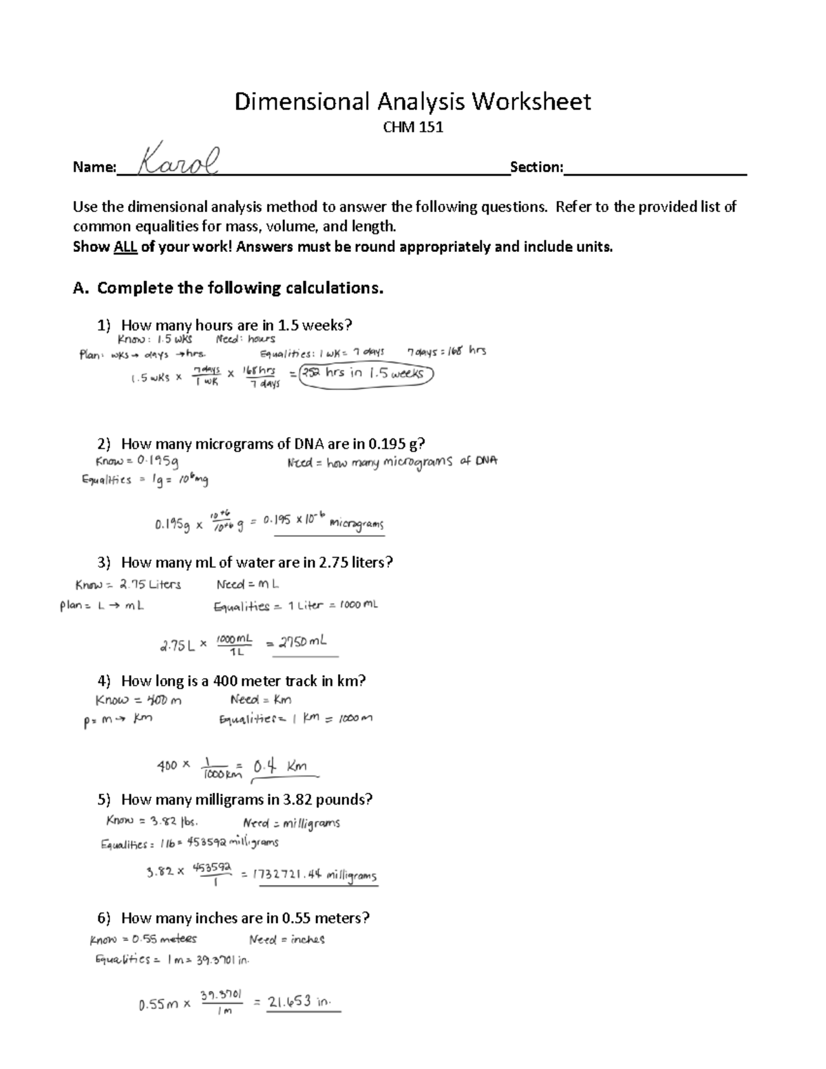 Dimensional Analysis Worksheet for CHM 151 - All Calculations Included ...