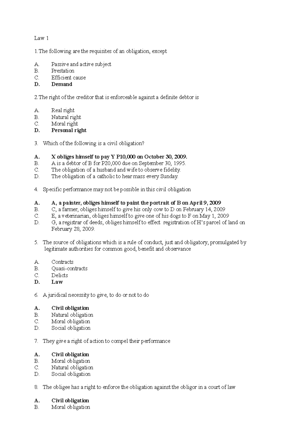 Law 1 - Obligations Testbank Questions and Answers - Studocu