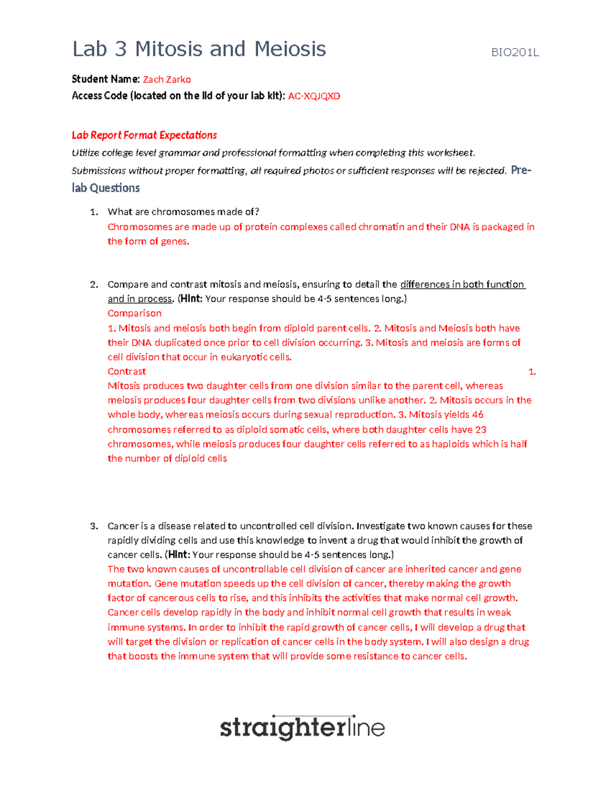 Lab 3: Mitosis and Meiosis Overview - BIO201L - Studocu