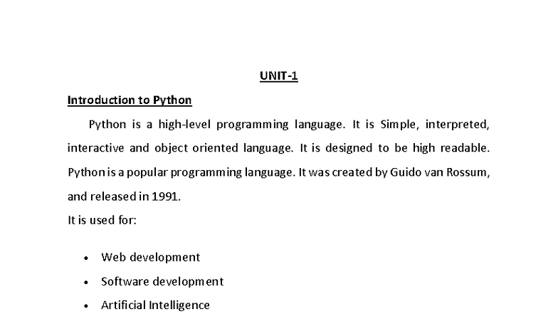 Python Unit-1: Introduction to Python Programming Concepts - Studocu