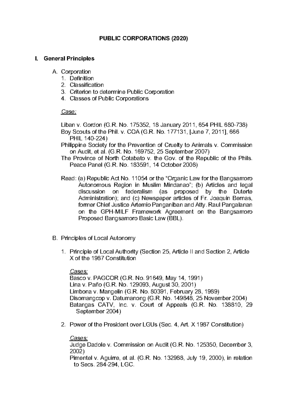 Public Corp Syllabus (2021) - PUBLIC CORPORATIONS (2020) I. General ...