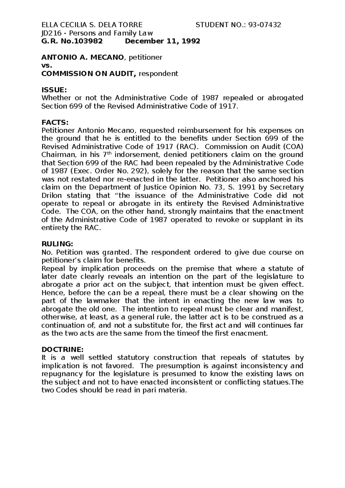 Mecano vs. COA: Repeal of Section 699 of the RAC Explained - Studocu