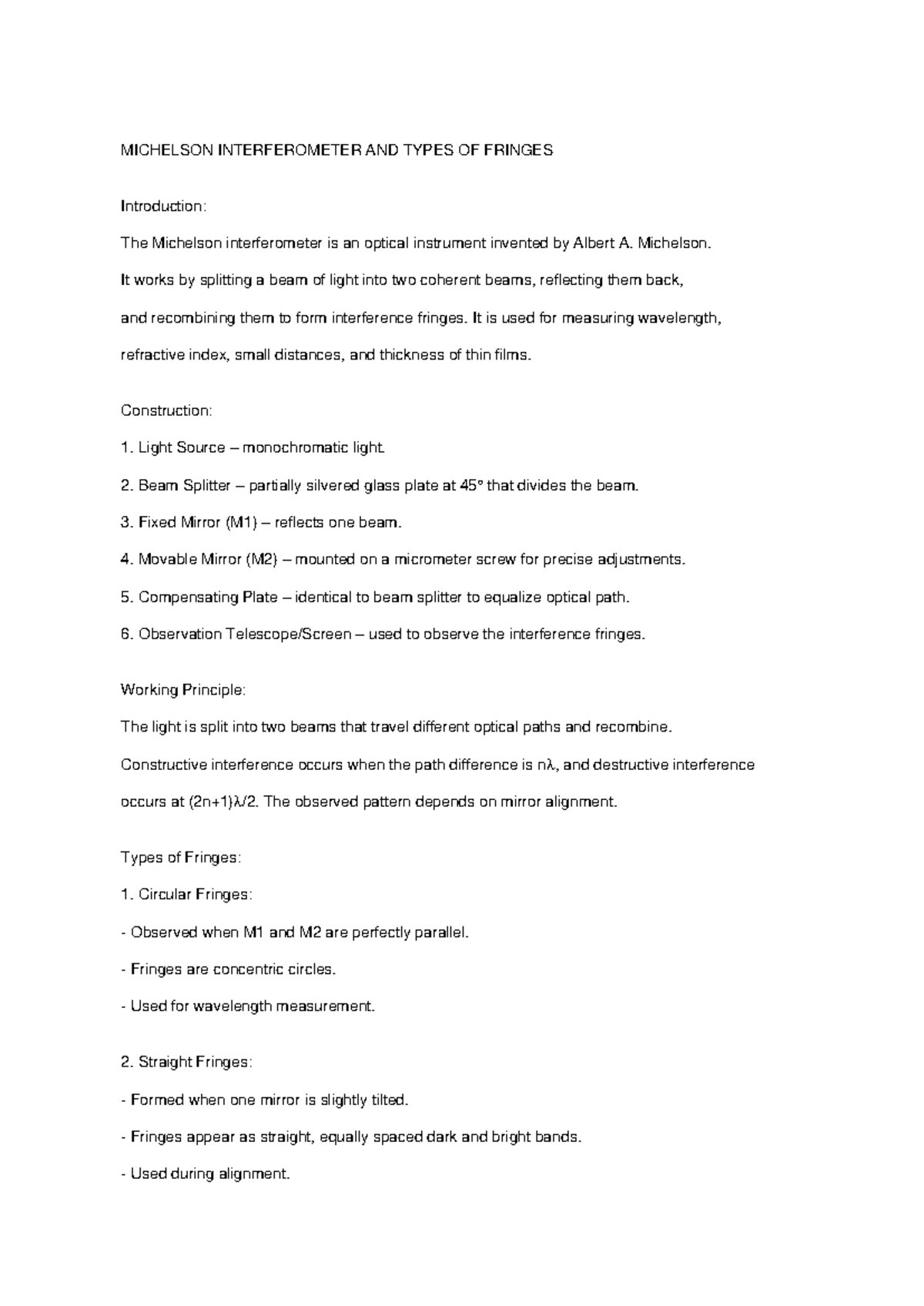 MICHELSON INTERFEROMETER: TYPES OF FRINGES & WORKING PRINCIPLE - Studocu
