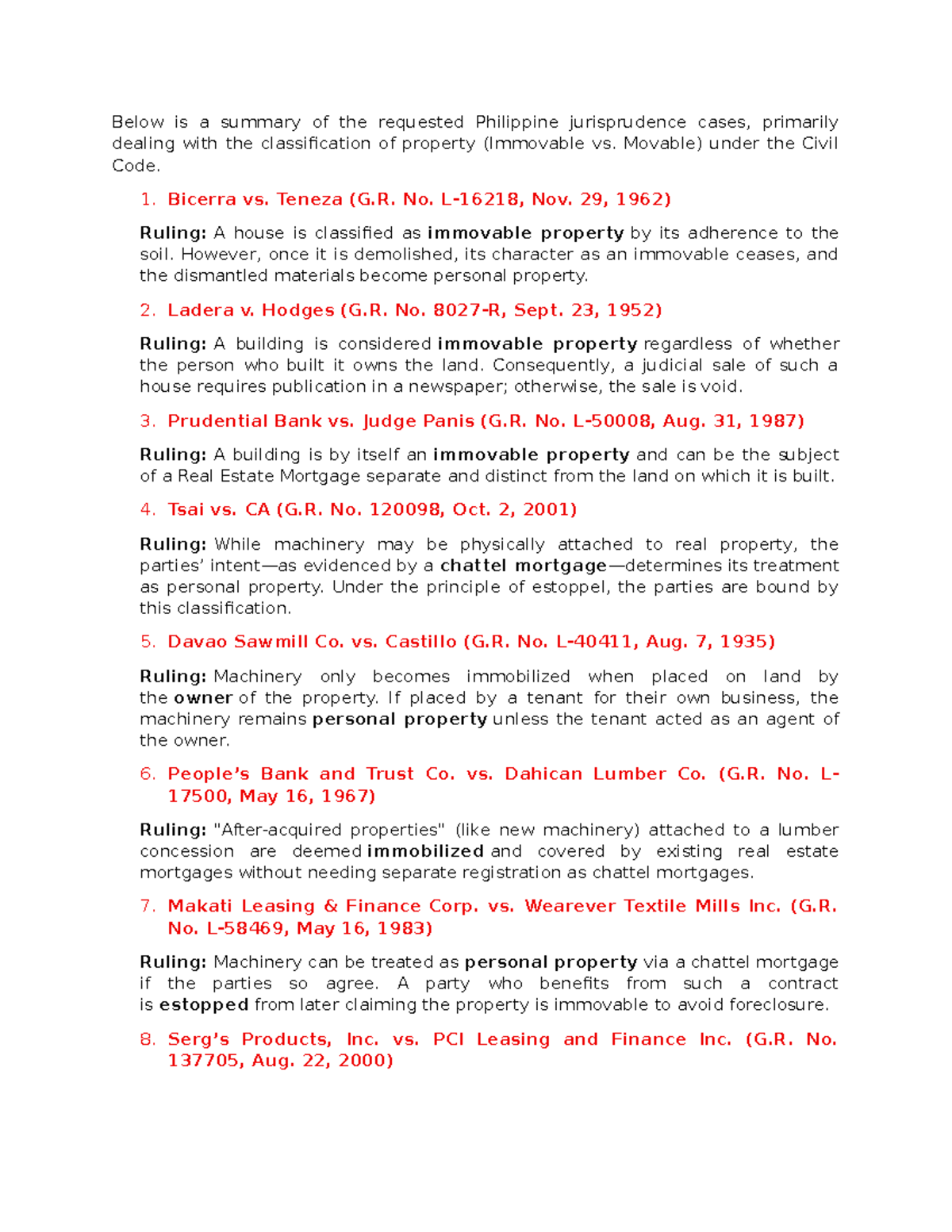Property LAW - Case Digest on Immovable vs. Movable Property - Studocu