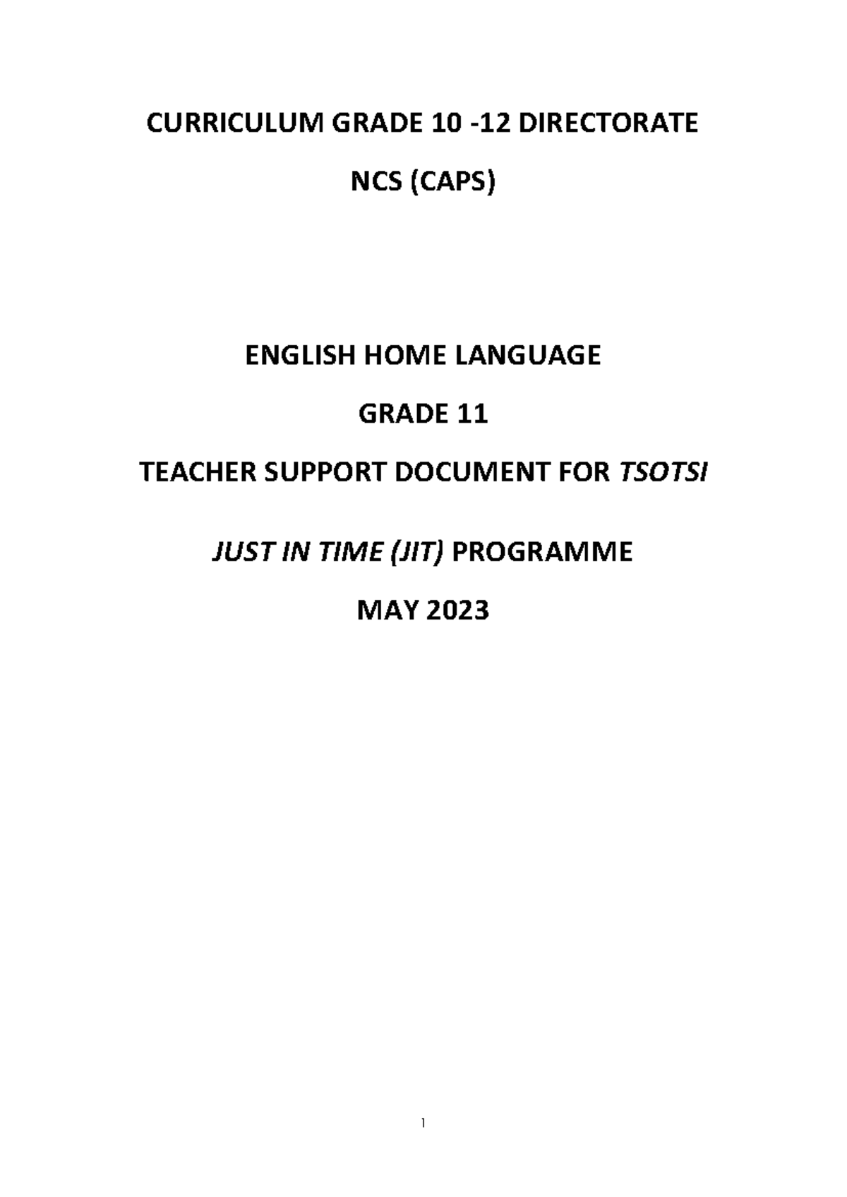Tsotsi Teacher Support Document for Grade 11 English HL (JIT) May 2023 ...