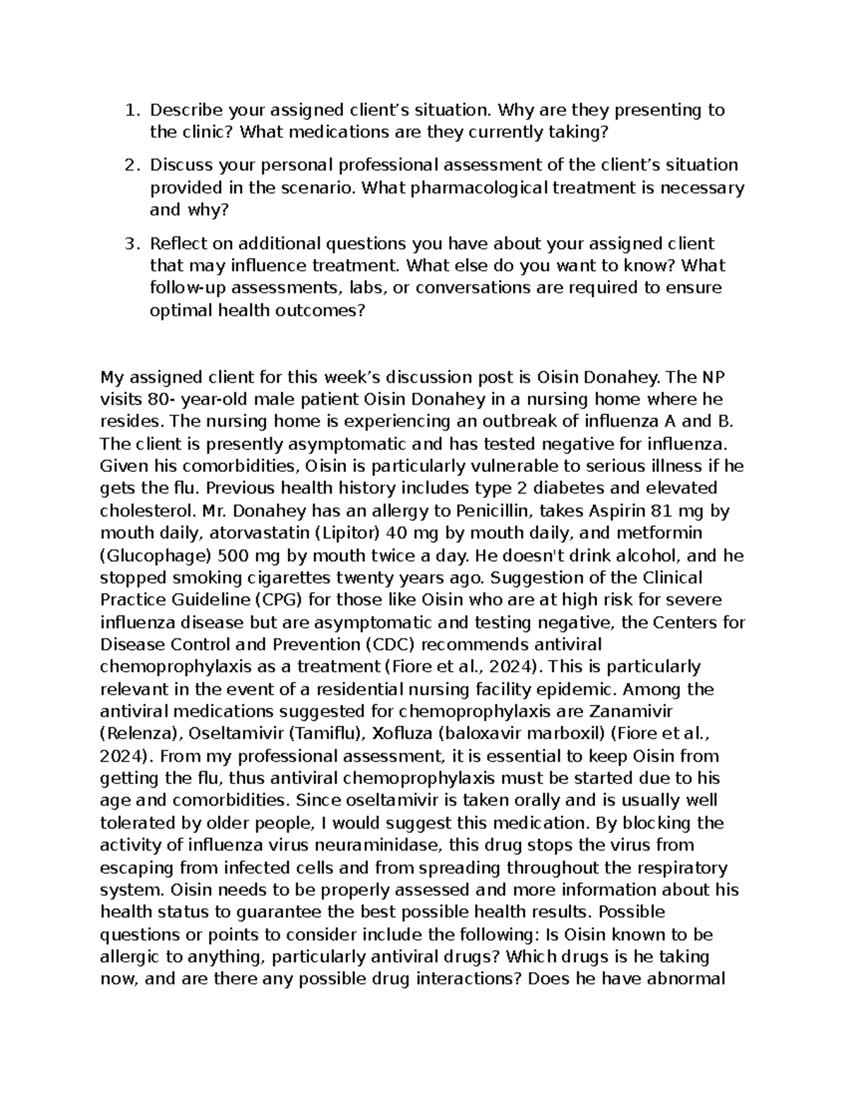 NR566 Pharm 2 Week 1 Discussion: Assessing Oisin Donahey's Treatment ...