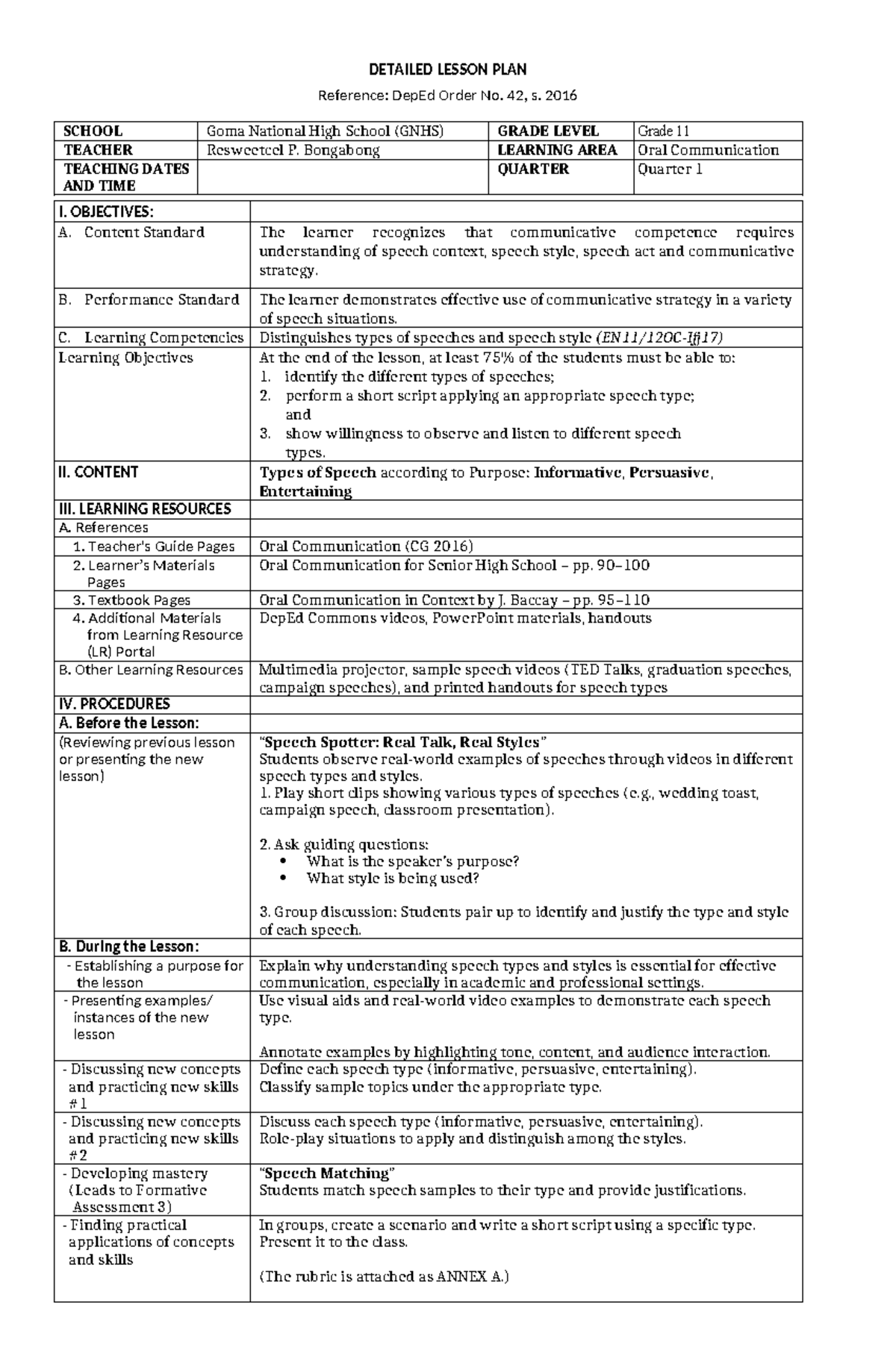 DLP: Grade 11 Oral Communication Lesson Plan on Speech Types and Styles - Studocu