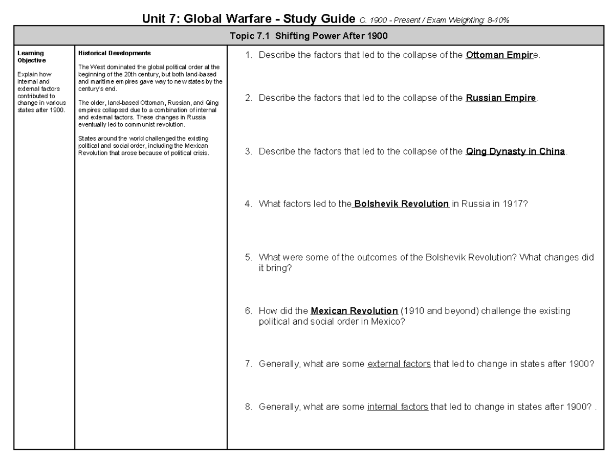 Unit 7: Global Warfare Study Guide - Causes & Conduct of WWI & WWII ...
