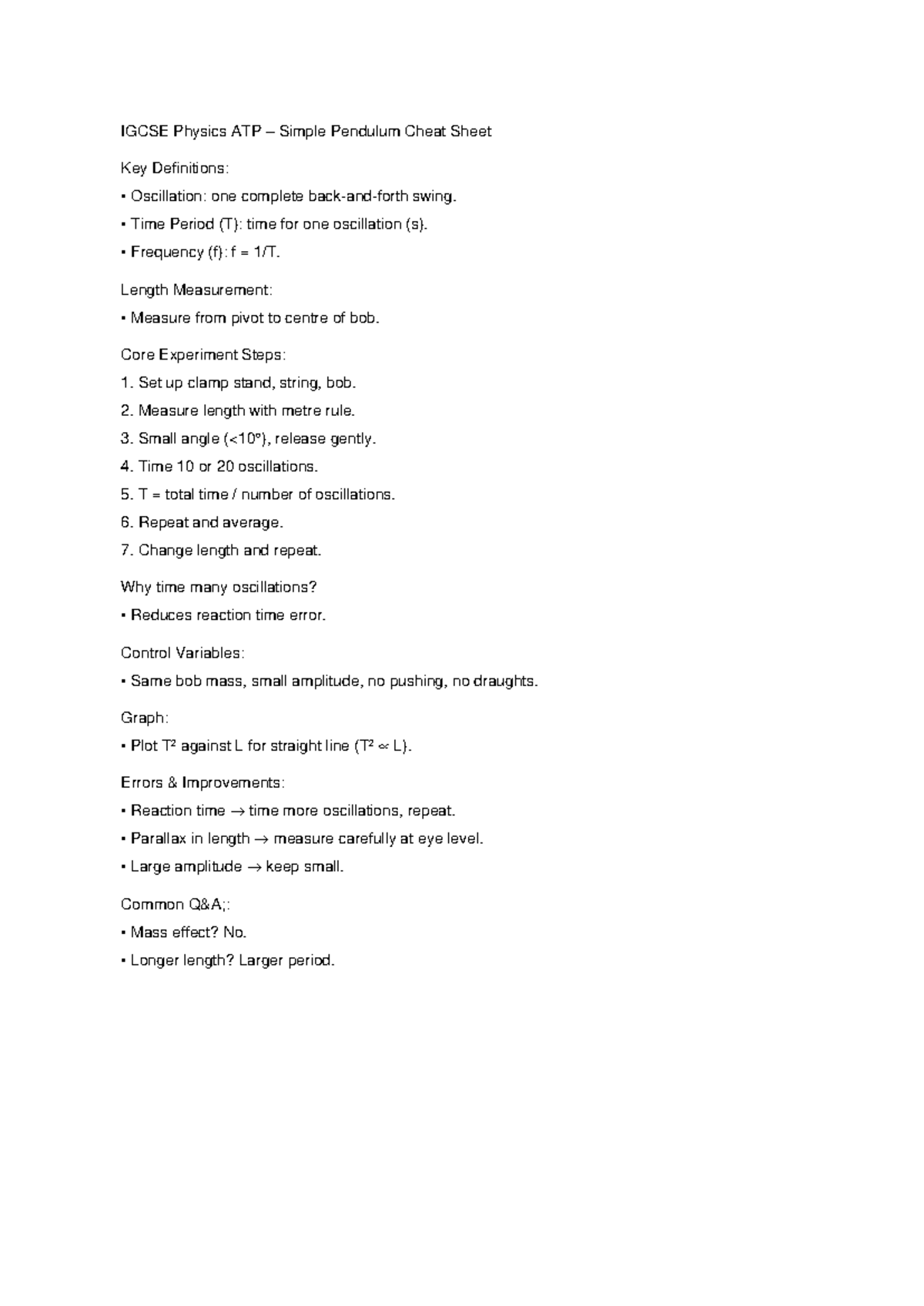 IGCSE Physics ATP Simple Pendulum Cheat Sheet and Key Definitions - Studocu