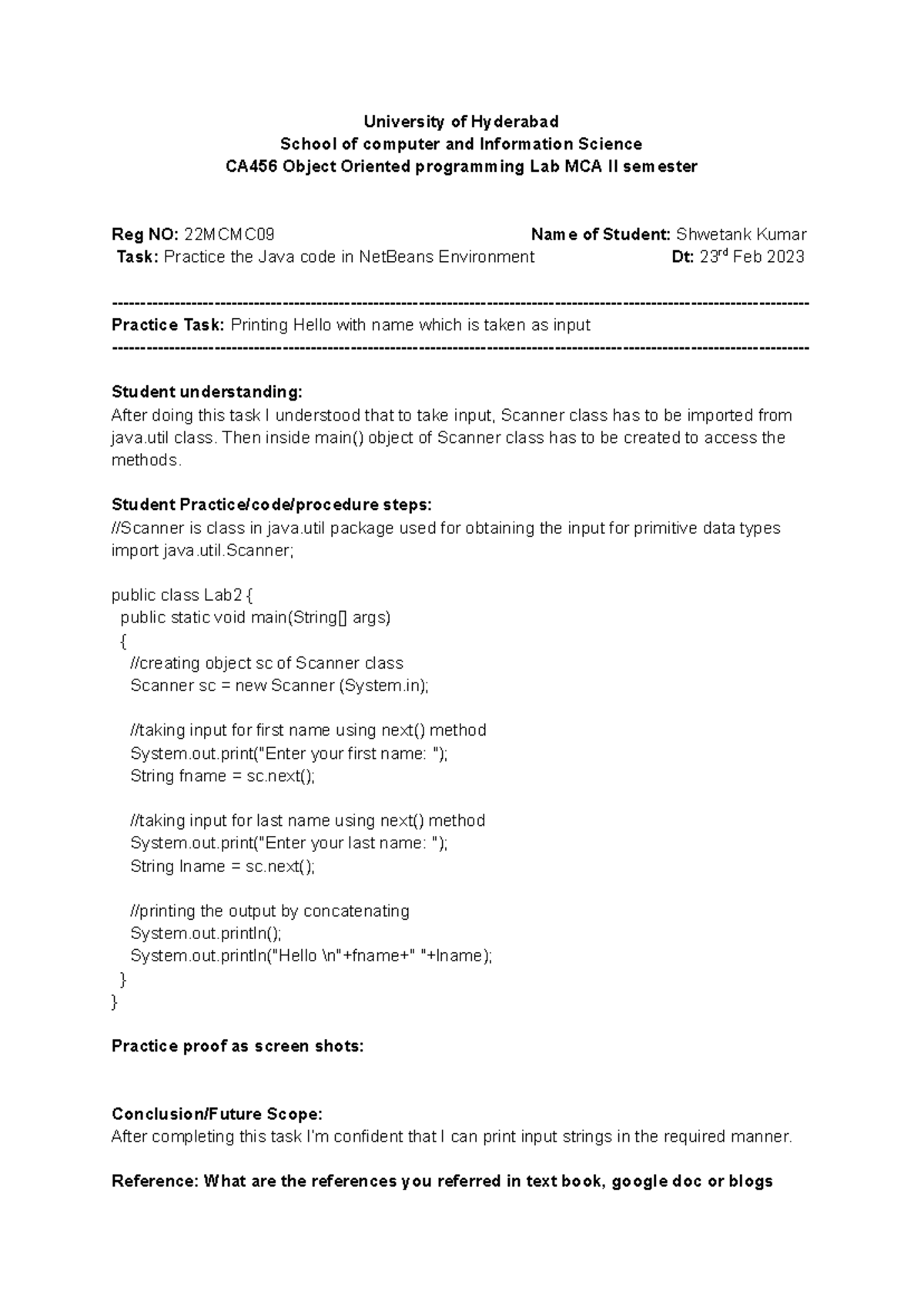 CA456 Object Oriented Programming Lab Practice - Feb 23 Assignment ...