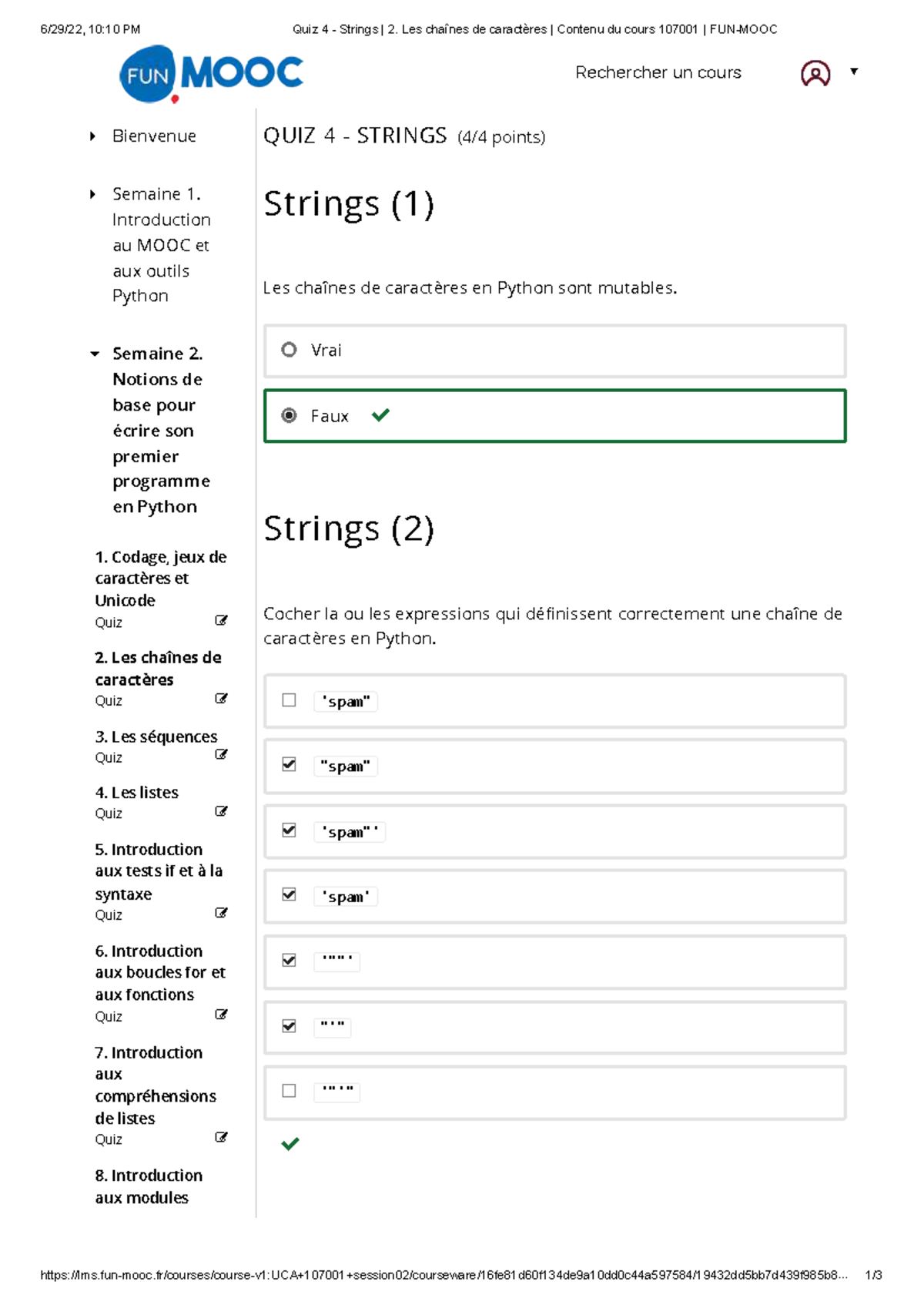 Quiz 4: Strings 2 - Les Chaînes de Caractères (Cours 107001) - Studocu