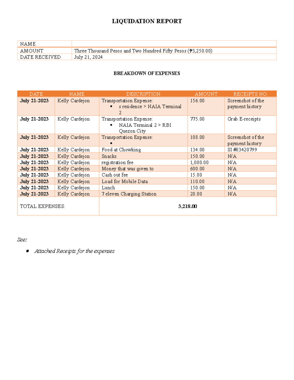 Liquidation Report for July 2024: Expense Breakdown and Receipts - Studocu