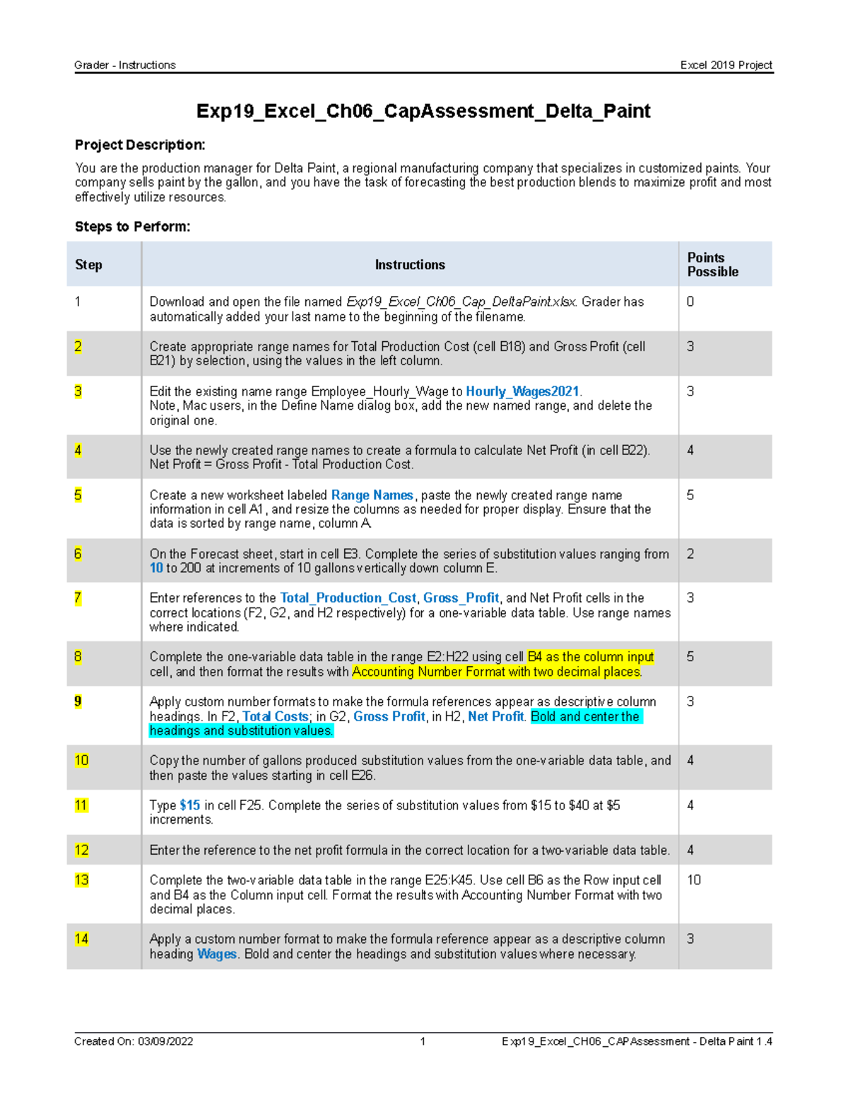 Exp19 Excel Ch06 Cap Assessment Delta Paint Instructions - Grader - Instructions Excel 2019 ...