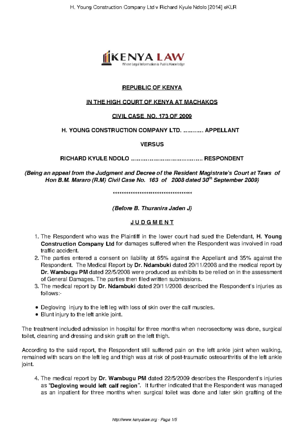 Civil Case 173 of 2009: Analysis of Judgment & Damages in Kenya - Studocu