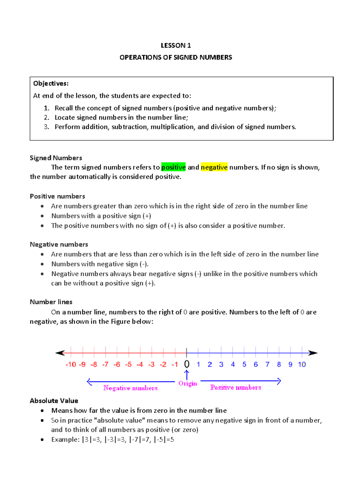 Lesson 1 -Operations of signed Numbers - LESSON 1 OPERATIONS OF SIGNED ...