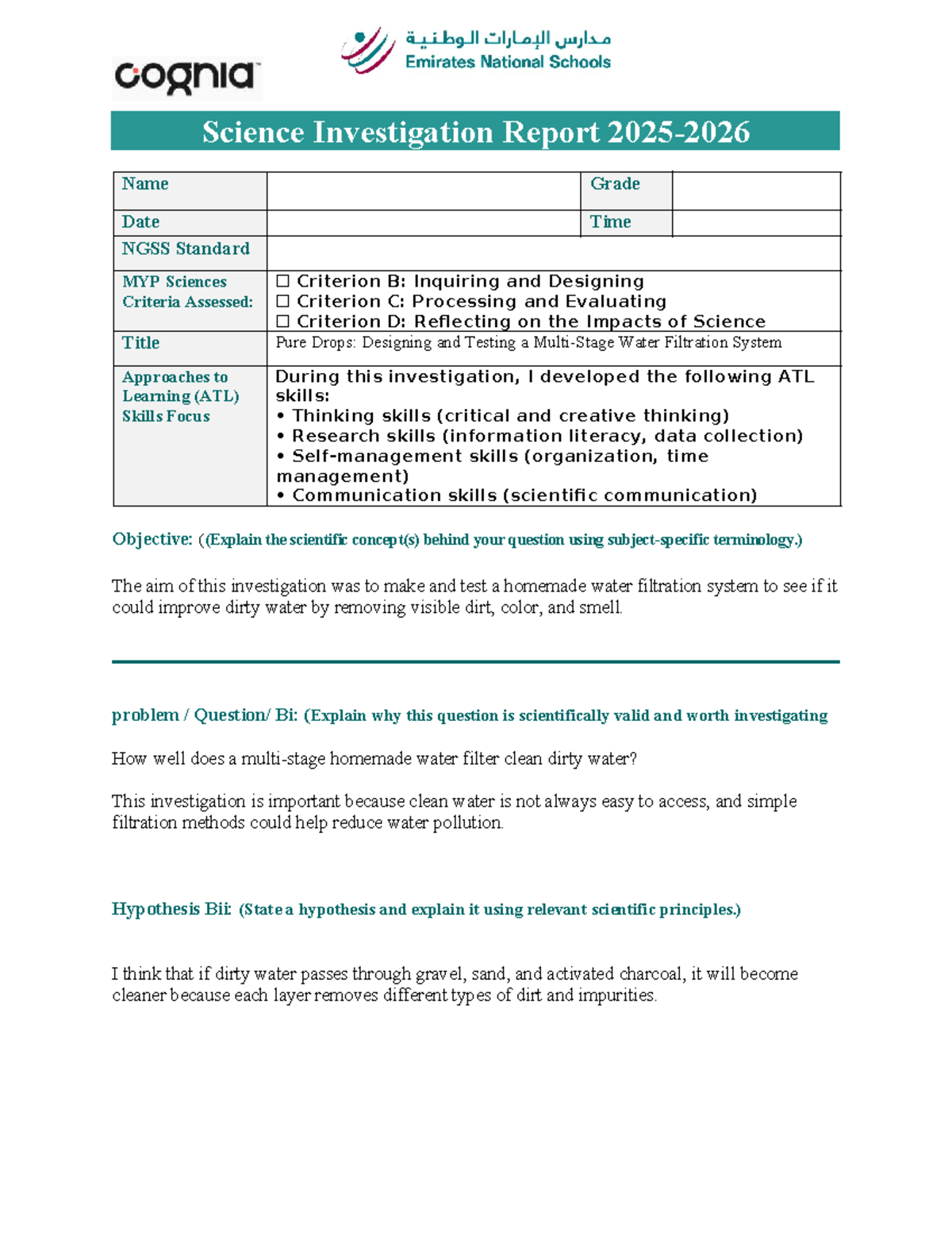 MYP Science Investigation Report: Water Filtration System Design - Studocu