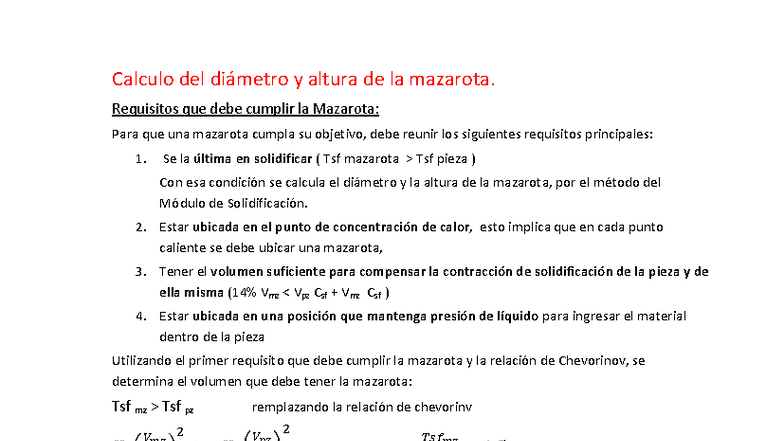 Cálculo del Diámetro y Número de Mazarotas en Fundición - Studocu