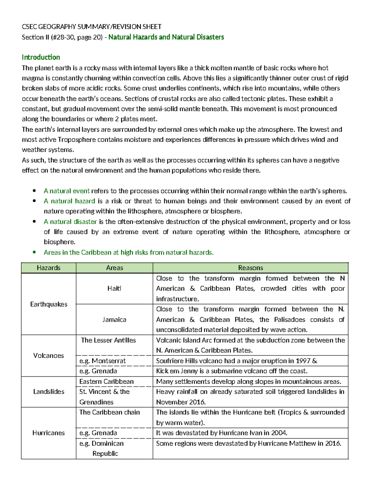 CSEC Geography Summary- Hazards & Disasters - CSEC GEOGRAPHY SUMMARY ...