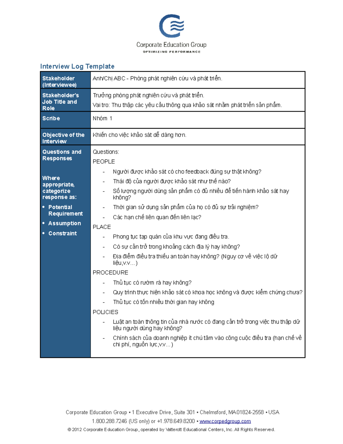 BA113: Interview Log Template for Stakeholder Requirement Gathering ...