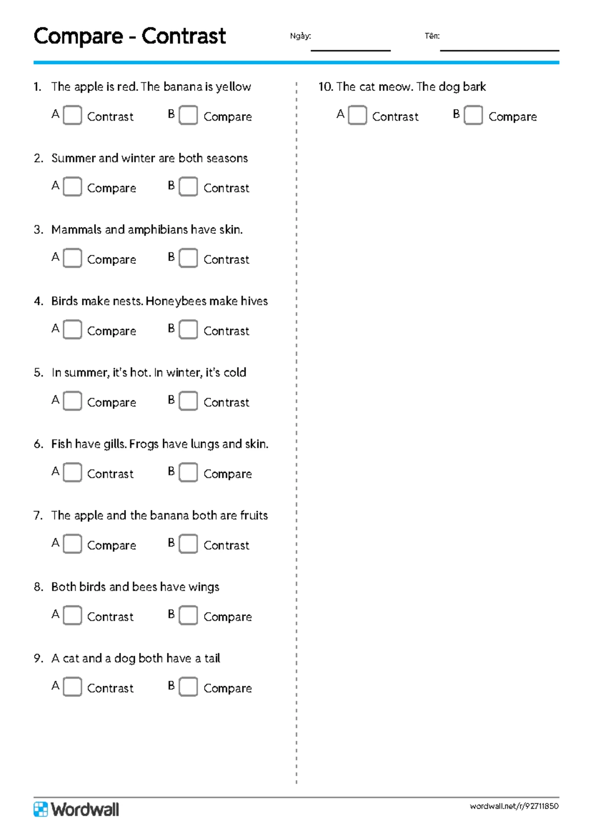 Animal Vocabulary Compare & Contrast Worksheet (Unit 2) - Studocu