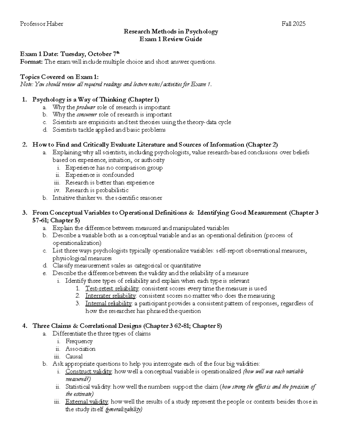 Research Methods in Psychology PSY 101 Exam 1 Review Guide Fall 2025 ...