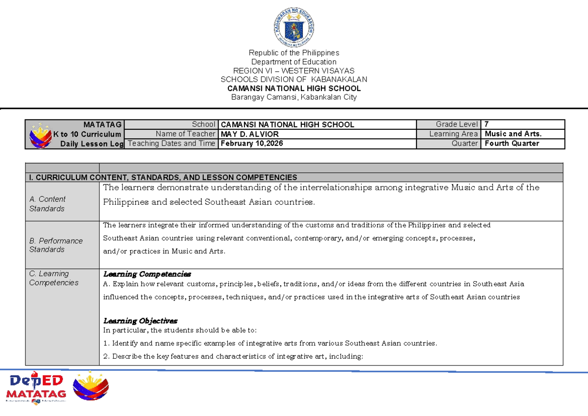 K to 10 MAPEH Lesson Plan: Integrative Music & Arts (Grade 7) - Studocu