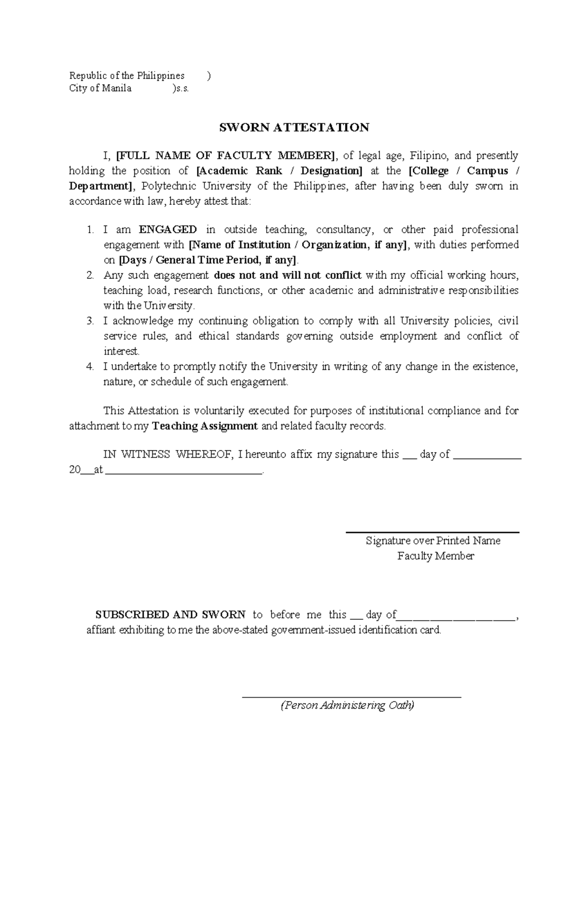 Sample Template for Attestation on Outside Teaching Engagement - Studocu