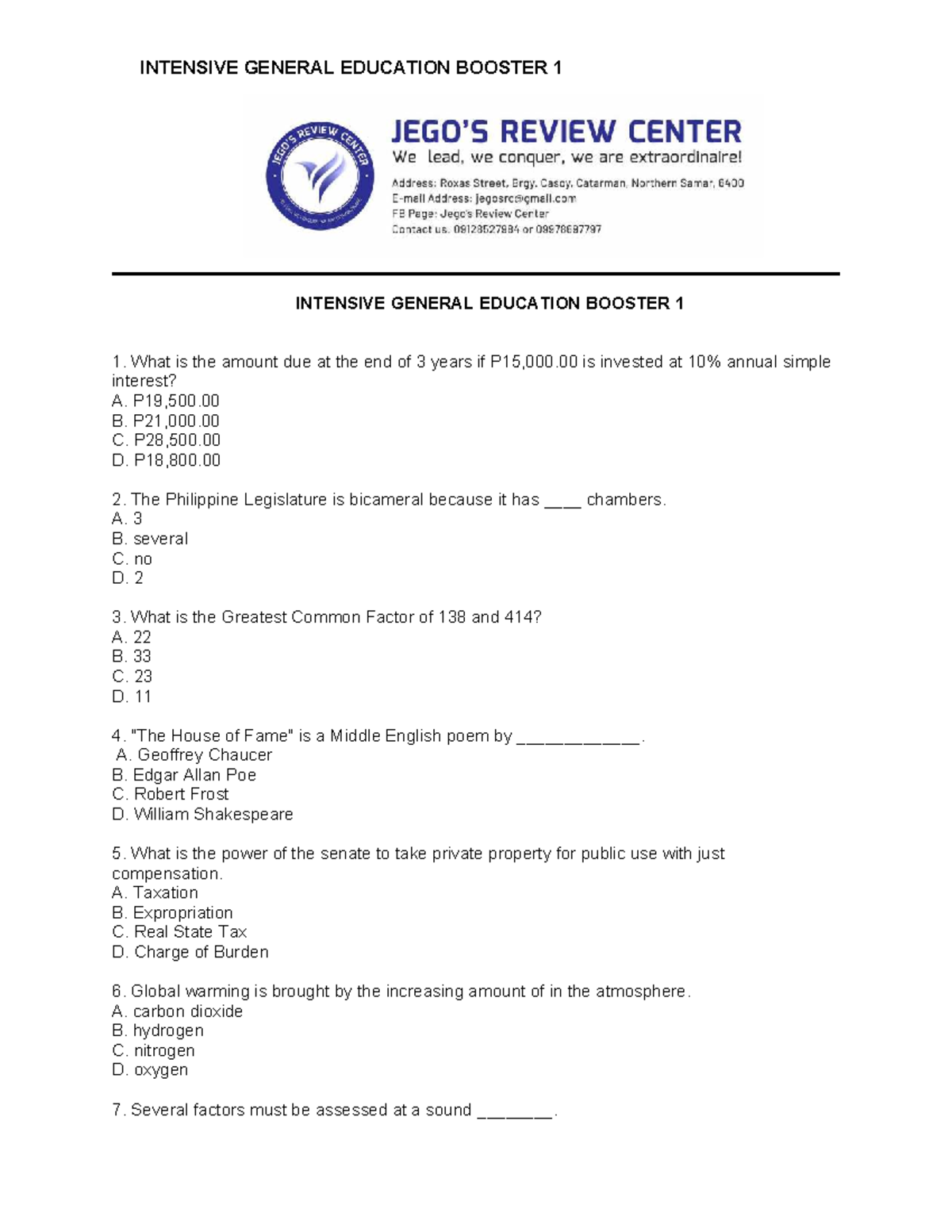 INTENSIVE GENERAL EDUCATION BOOSTER 1: Quiz Questions and Answers - Studocu