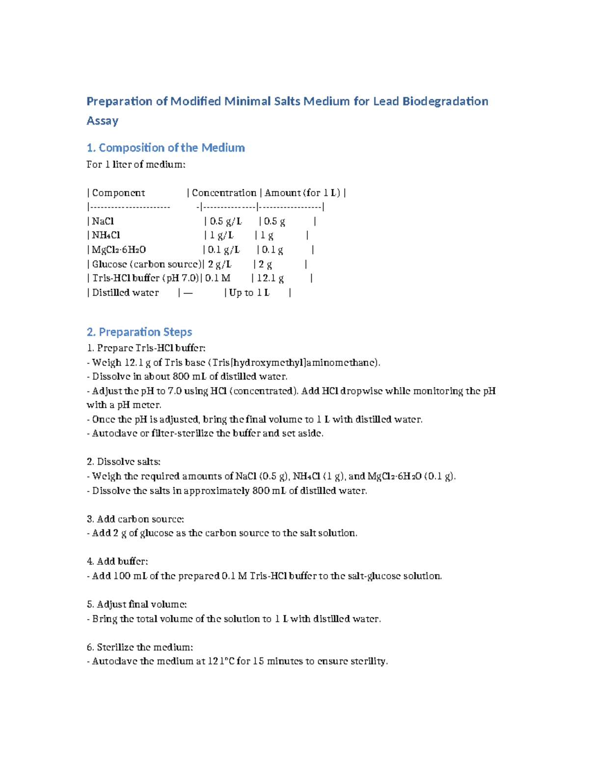Modified Minimal Salts Medium Protocol for Lead Biodegradation - Studocu
