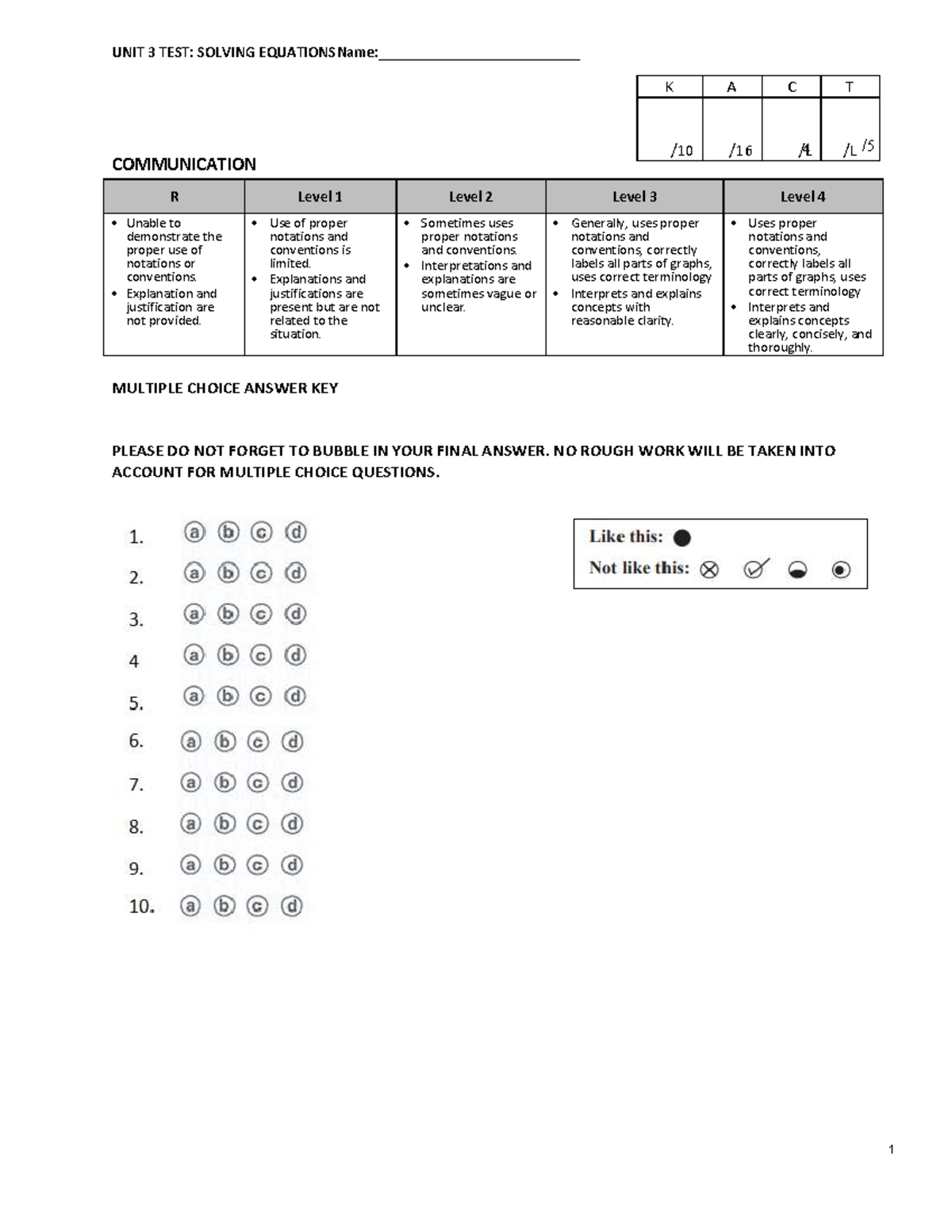 Unit 3 Test - Math Test for last unit - COMMUNICATION MULTIPLE CHOICE ...