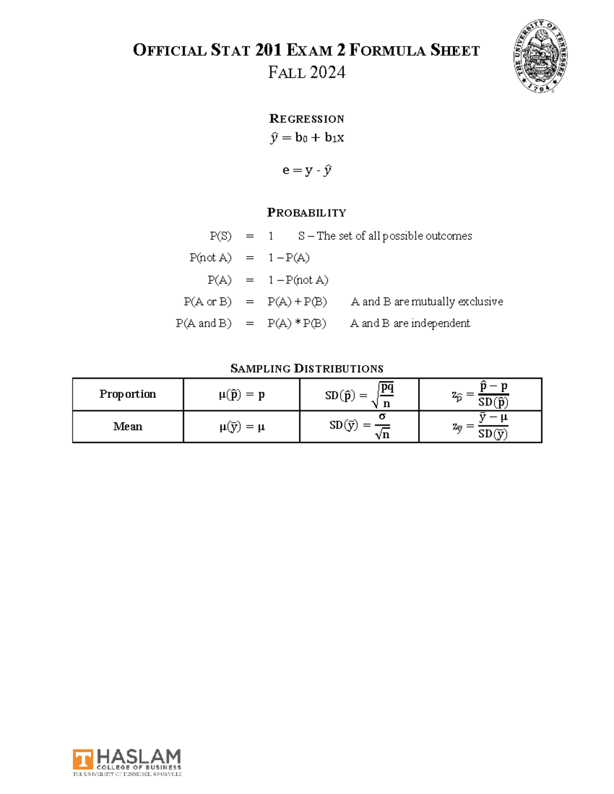Official Stat 201 Fall 2024 Exam 2 Formula Sheet - OFFICIAL STAT 201 EXAM 2 FORMULA SHEET FALL ...